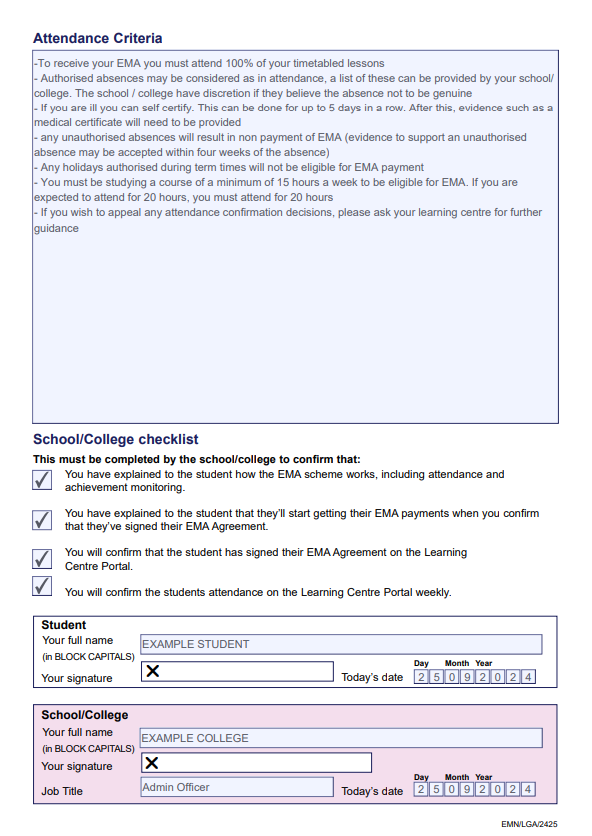Example completed learning agreement