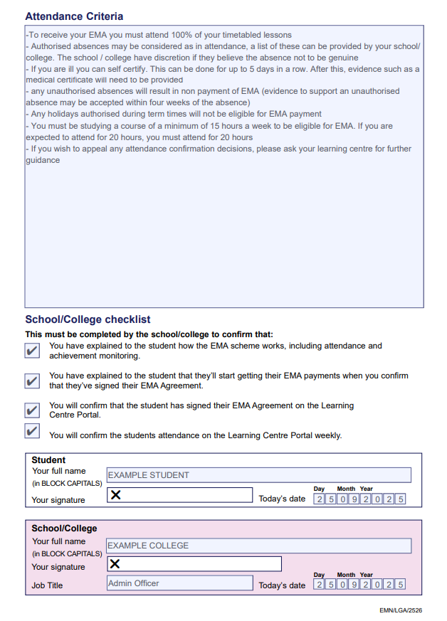 Example completed learning agreement