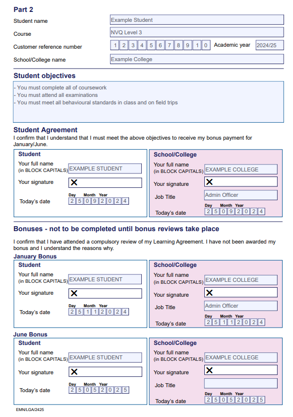 Example completed learning agreement