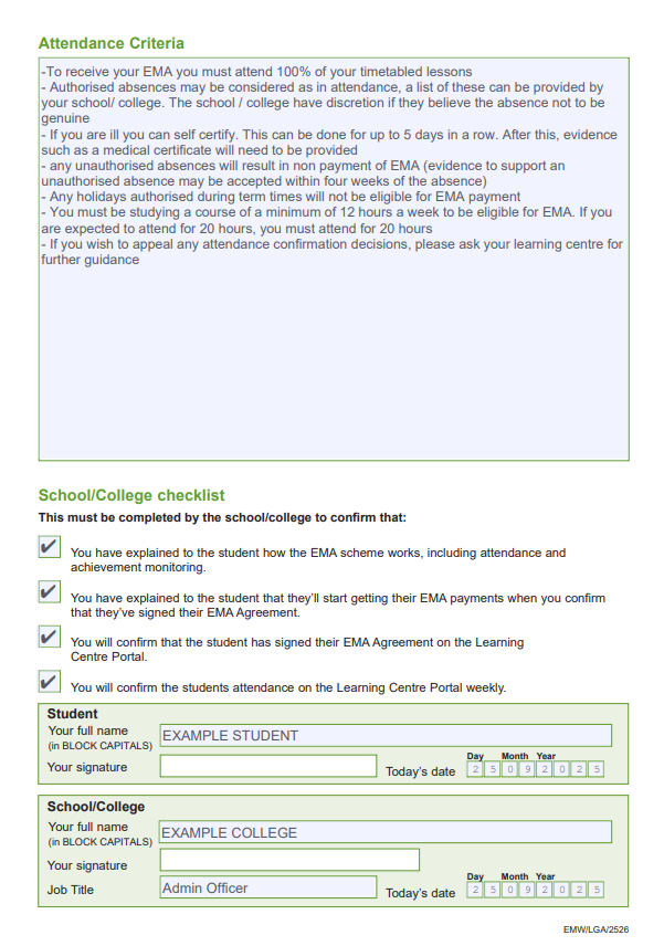 Example completed learning agreement